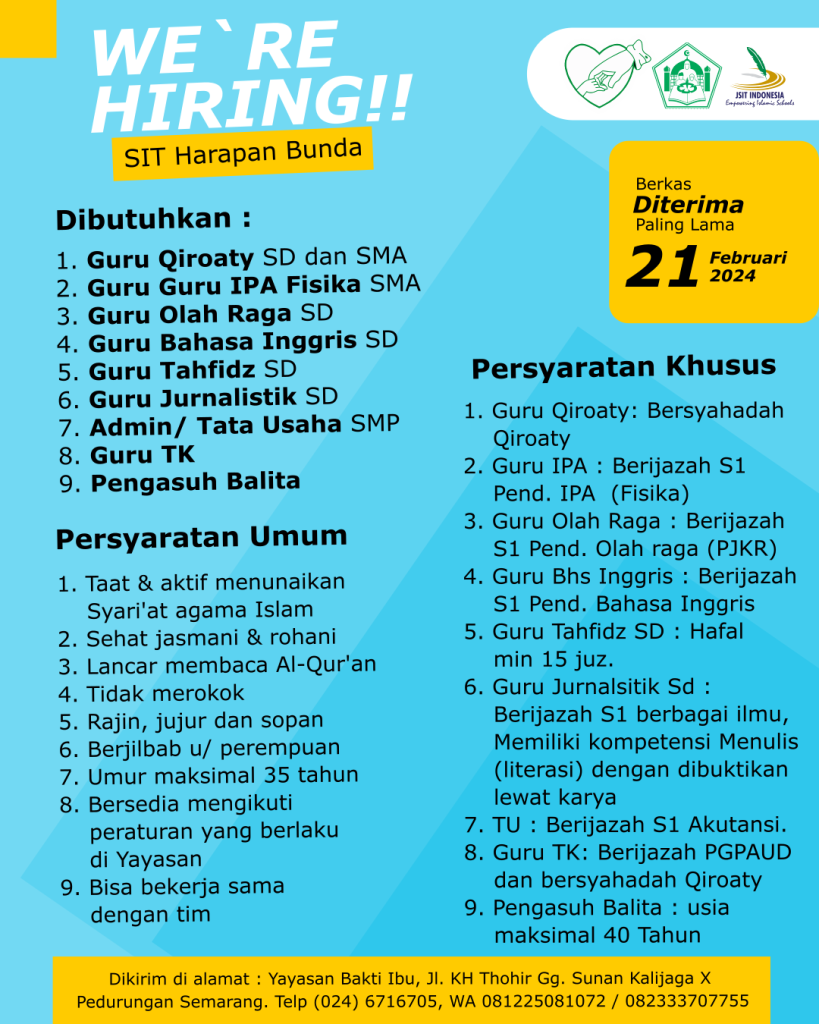 Lowongan Guru dan Karyawan - SIT Harapan Bunda